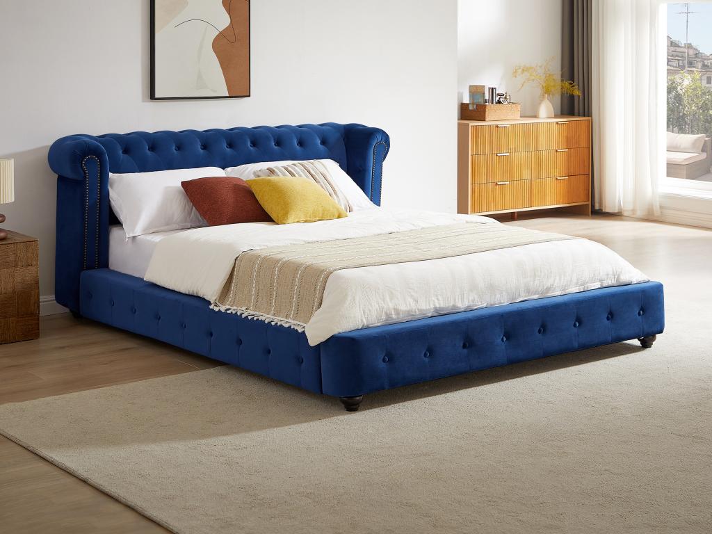 Cama chesterfield 180 x 200 cm - Terciopelo - Azul rey - TONGERLA ...