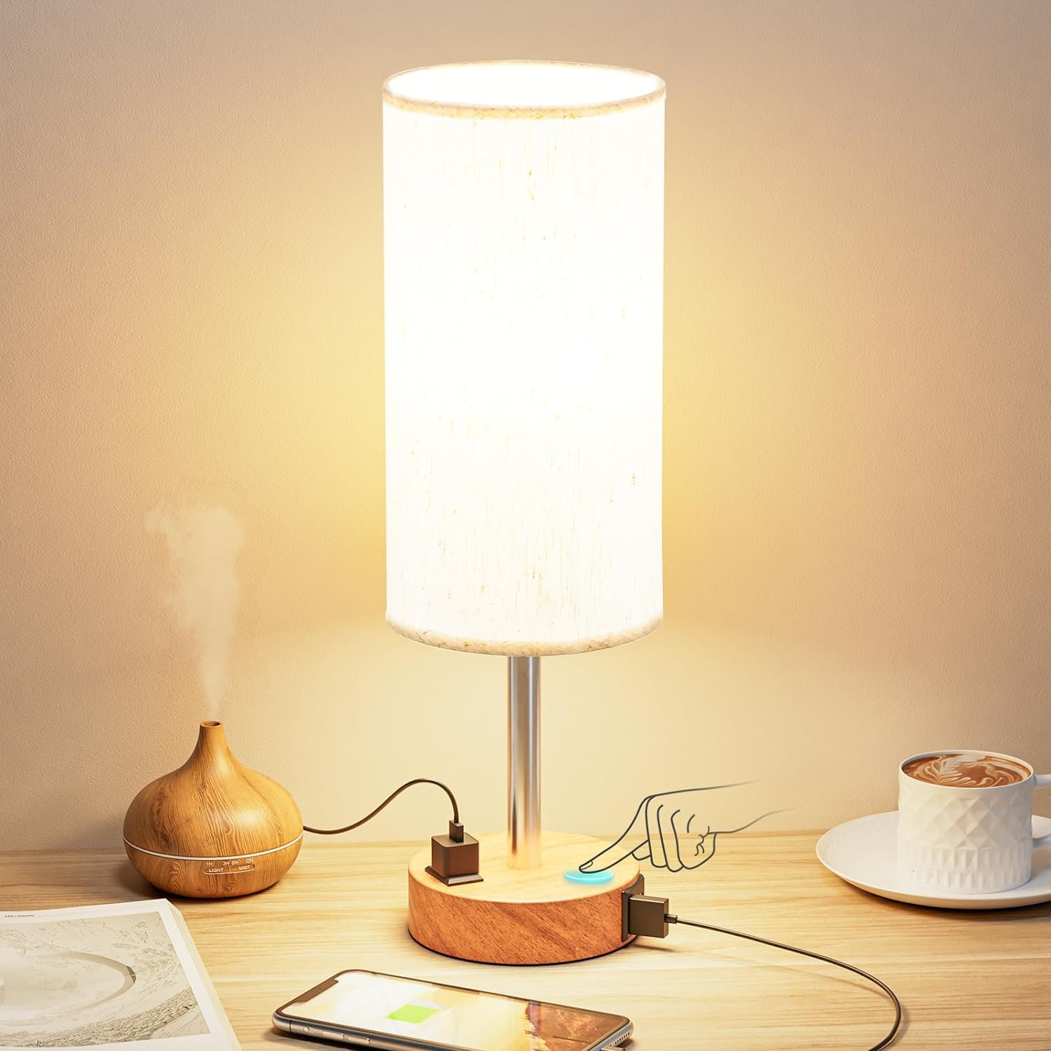 Lampe de Chevet Tactile 3 Voies avec Ports USB-A+C et Prise,Abat-jour ...