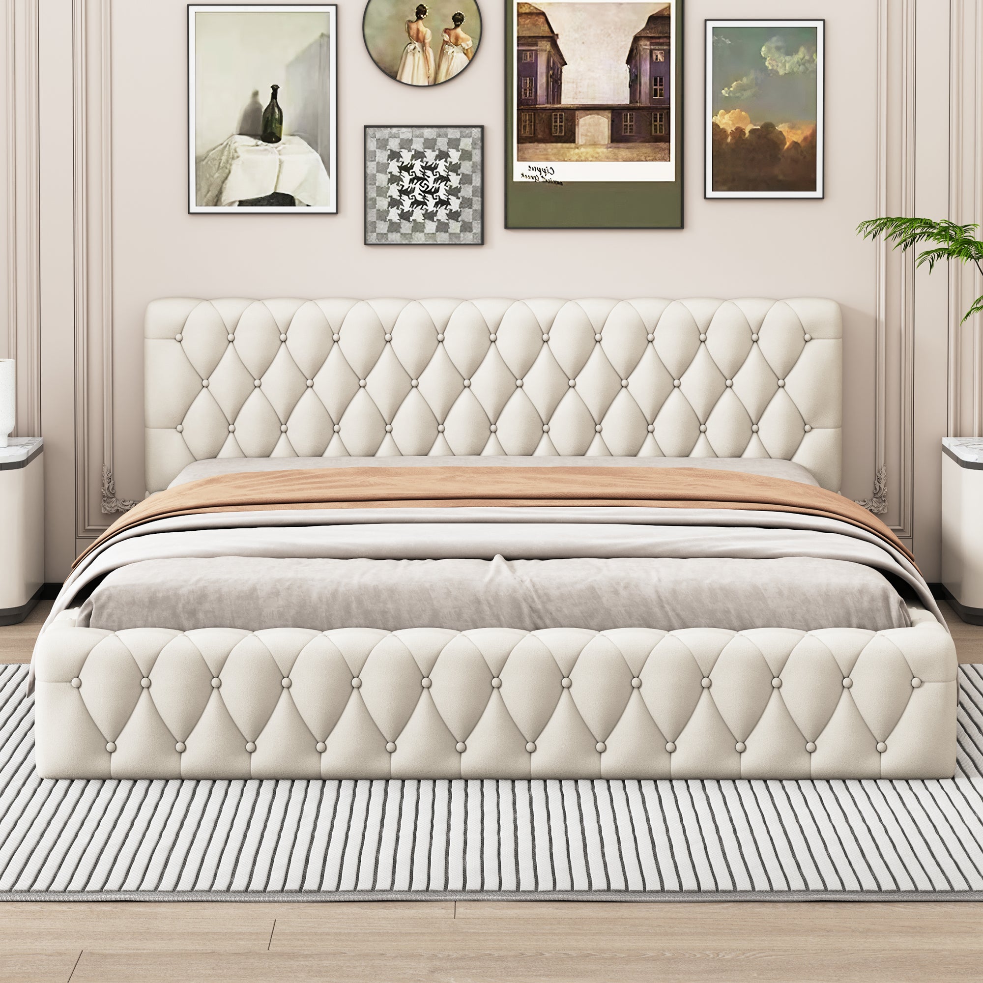 Lit double capitonné 140x200cm - tissu en velours - Beige | Leroy Merlin