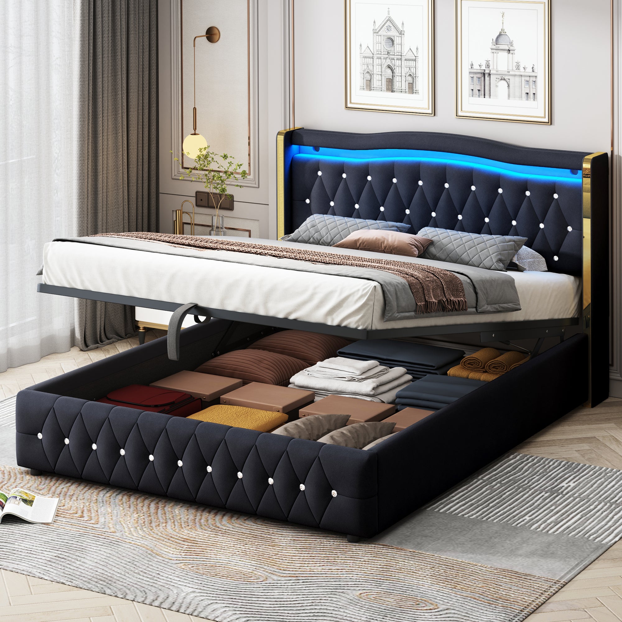 Lit adulte 160x200 cm, lit coffre avec éclairage LED, rangement ...