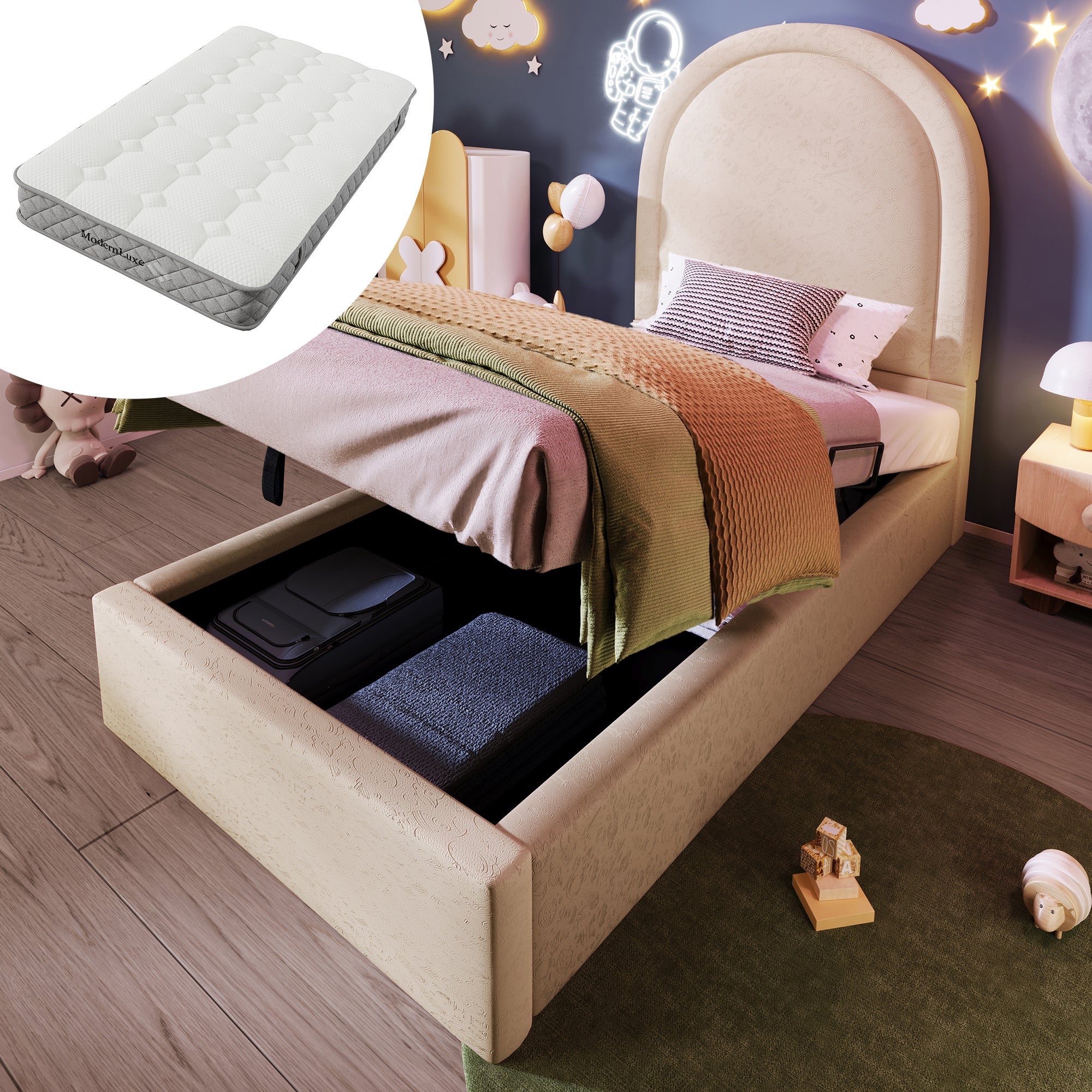 Lit coffre 90 x 200 cm avec tête de lit ronde - Cuir PU - Sommeir à ...