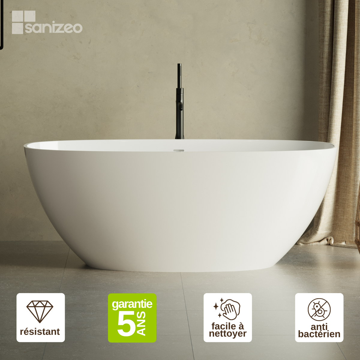 Baignoire îlot VIND en Minéral Composite Blanc Brillant L167*l80*H63 ...