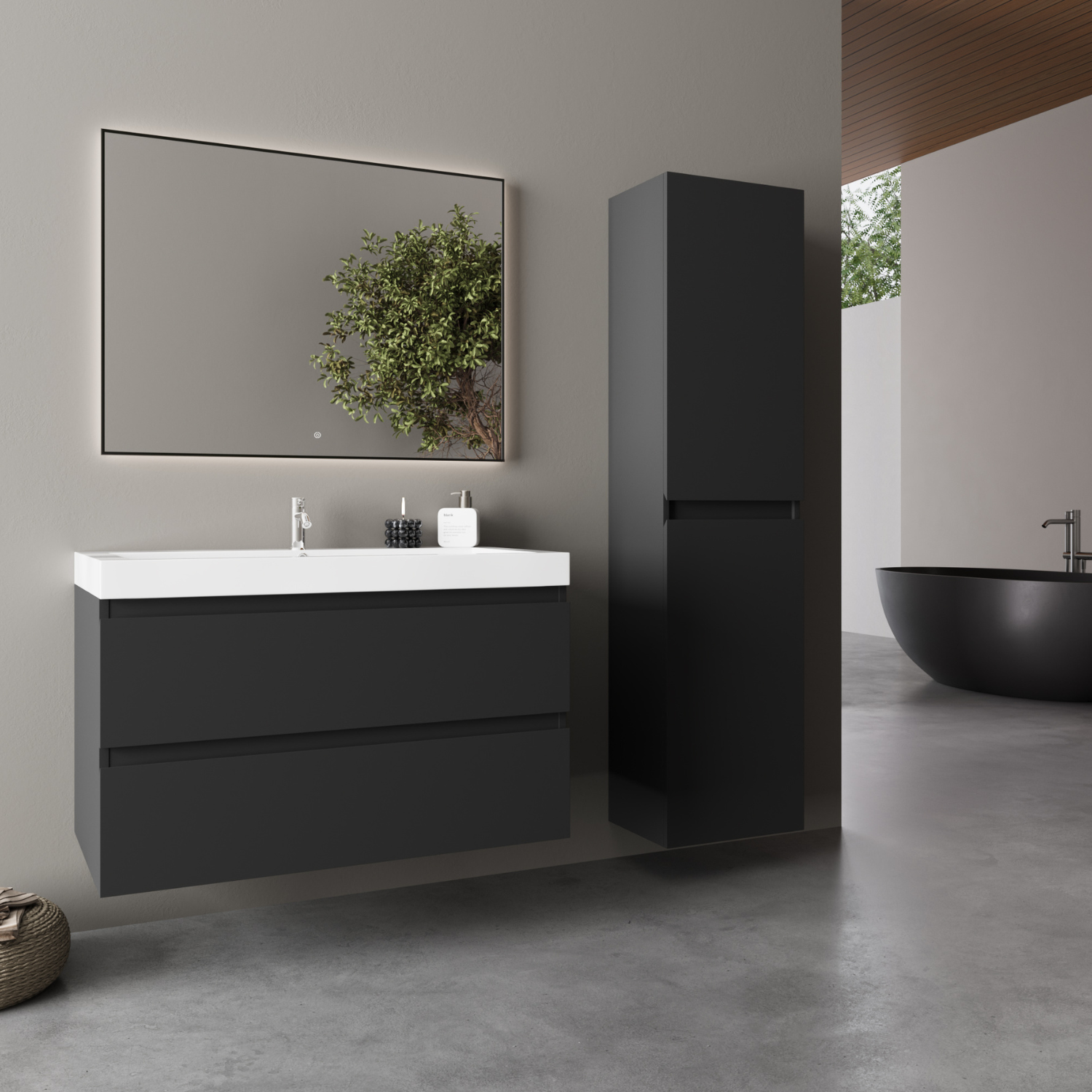 Conjunto de mueble baño suspendido con lavabo 80 cm con columna negro ...