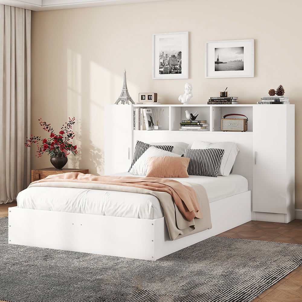 Lit plat 140*200 cm, avec tête de lit et multiples compartiments de ...