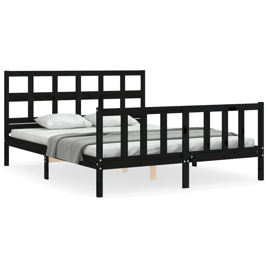 Lit double，Lit adulte，Cadre de lit avec tête de lit noir King Size bois ...