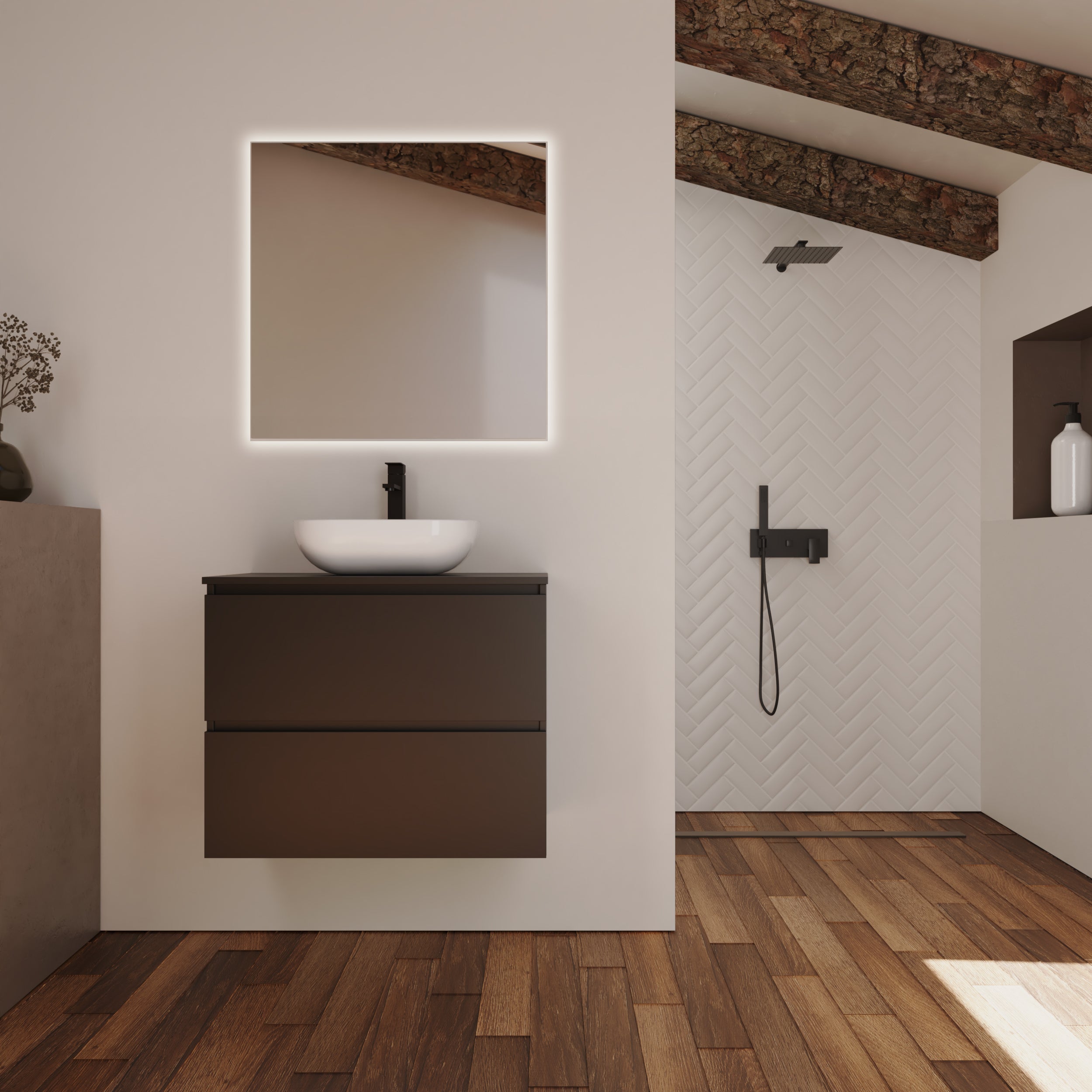 CONJUNTO DE BAÑO KAJI | MUEBLE DE BAÑO SUSPENDIDO | 80 CM NEGRO| DOS CAJONES | LAVABO OVALADO ...