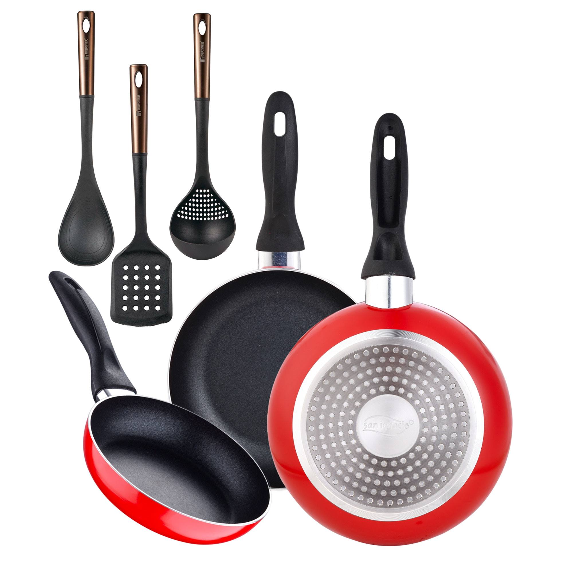 Ensemble de 3 poêles à frire Navy Red Ø16Ø20Ø24cm avec ustensiles de ...