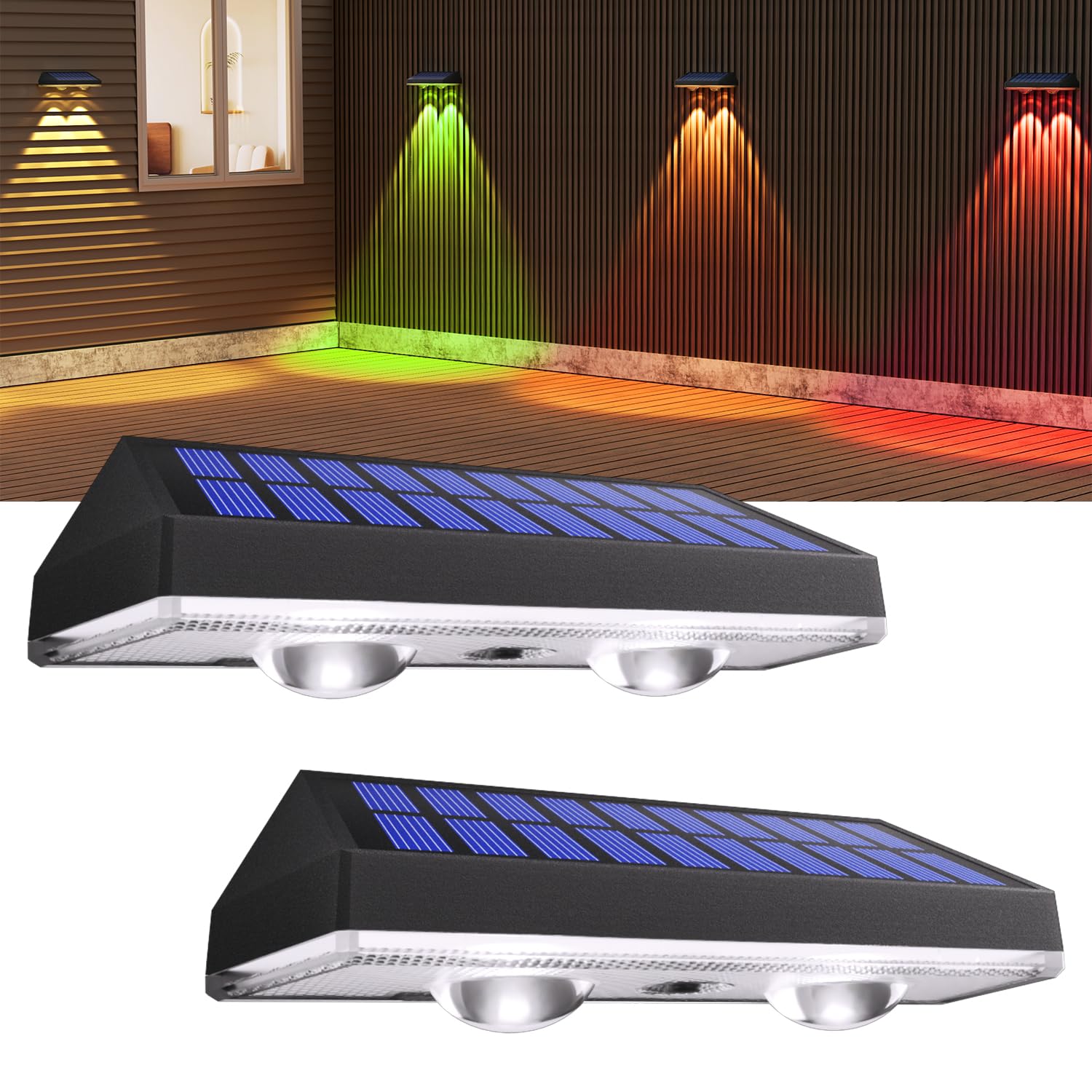 Lot de 2 lampes solaires pour clôture de jardin, appliques murales solaires RVB d'extérieur ...