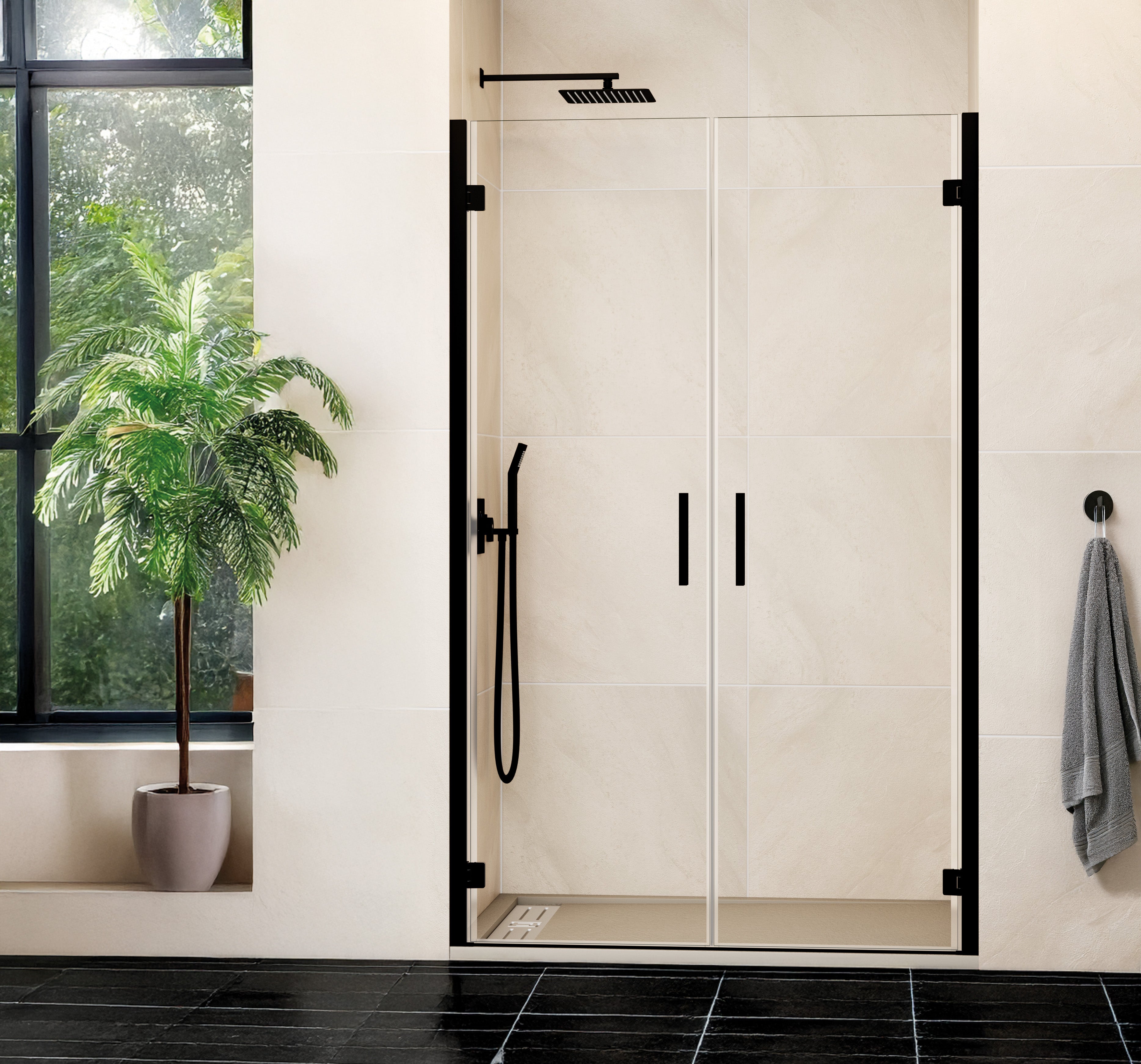 MAMPARA DE DUCHA 2 PUERTAS ABATIBLES CON BISAGRAS 62,7-66,7 cm (30-30) MODELO: BISAGLASS NEGRO ...