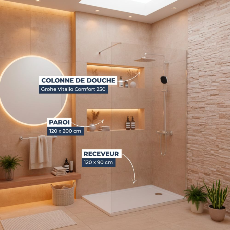 Grohe Pack Ducha COMPLETO – Mampara Walk-In 120x200 Cromo + Columna ...
