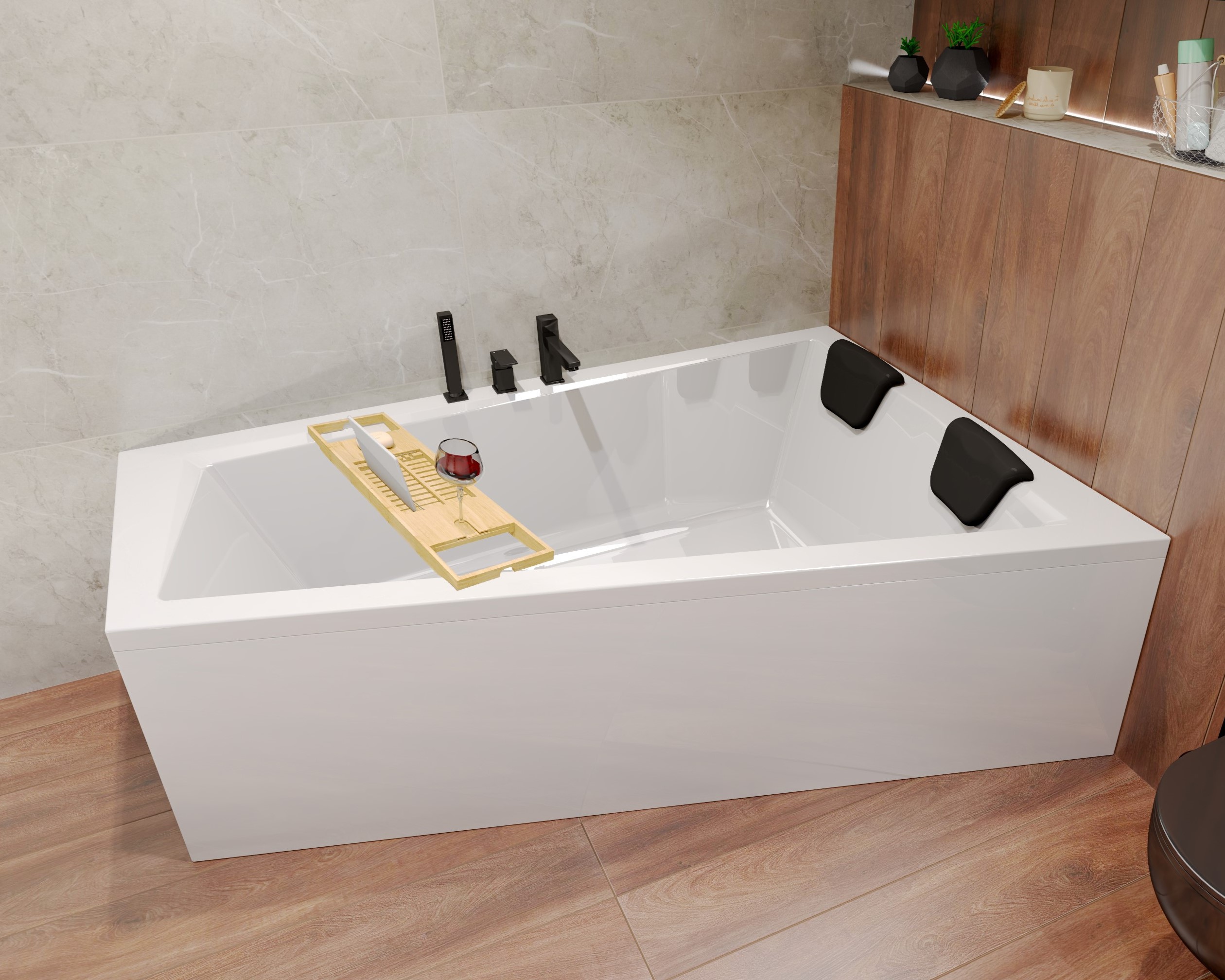 Baignoire asymétrique 160x90 Droite INTIMA acrylique blanc, sans Habillage + Repose Tête ...