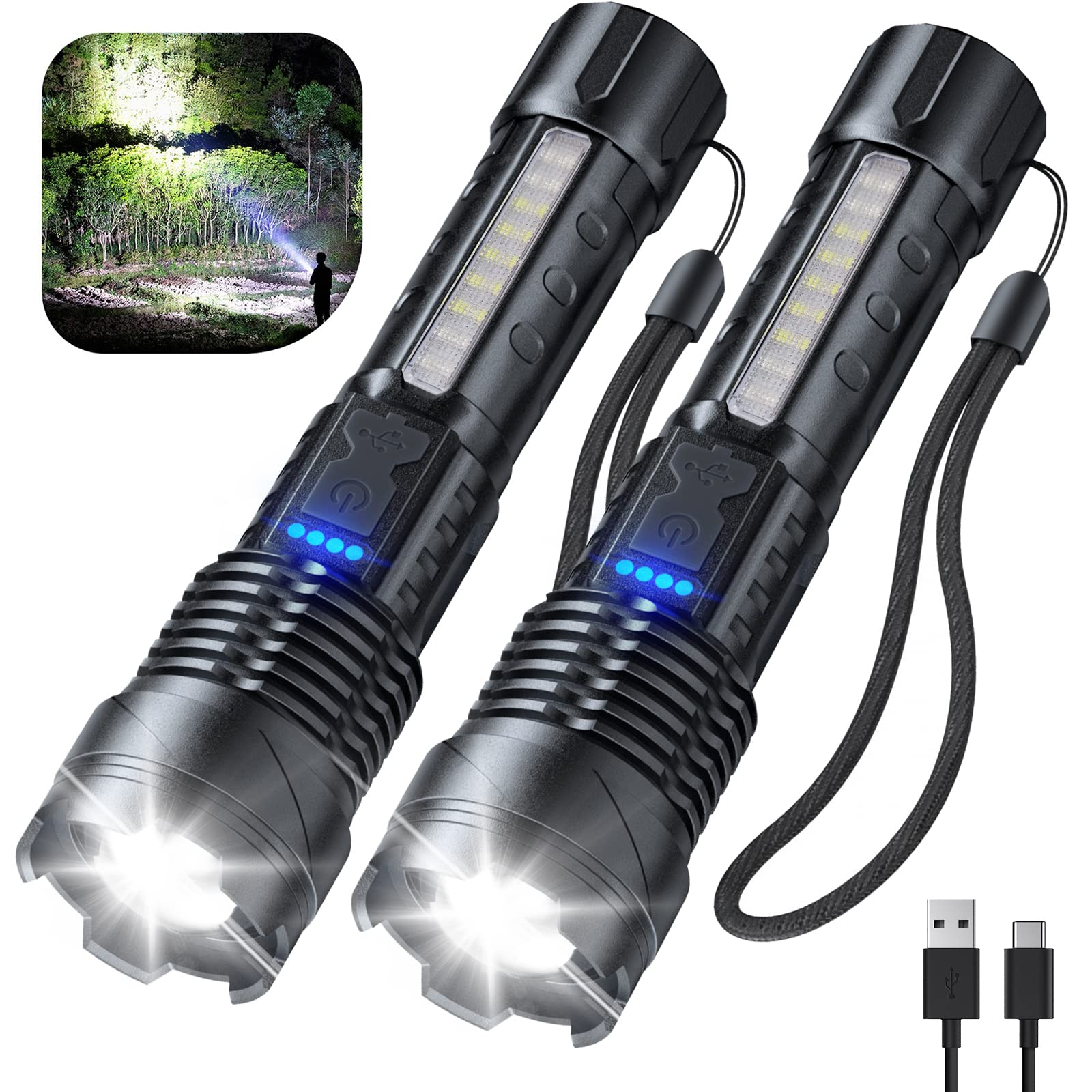 Lampe de poche rechargeable, paquet de 2 lampes de poche tactiques LED ...