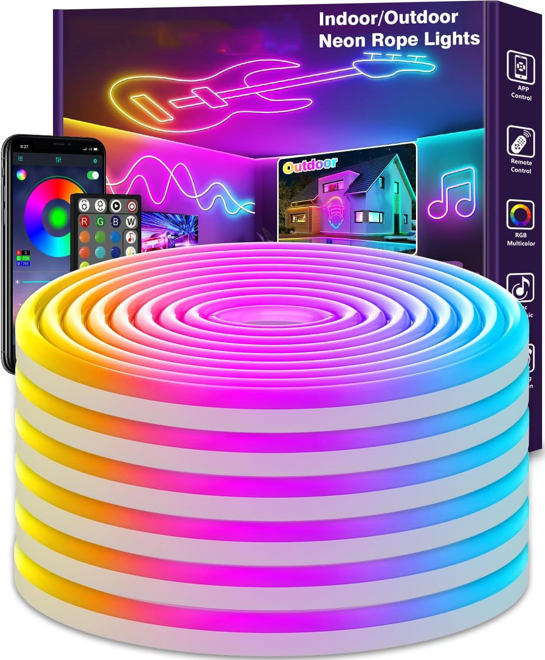 RGB Neon Ruban LED 5M, ,24V RVB Bande LED, APP et Télécommande, Synchronisation de la Musique ...