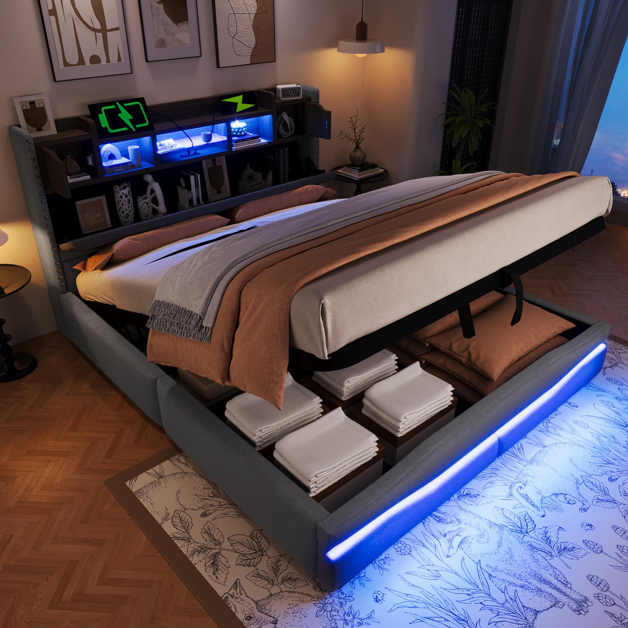 Lit rembourré 160x200 cm - USB C, LED ambiante télécommandée, Tête de ...