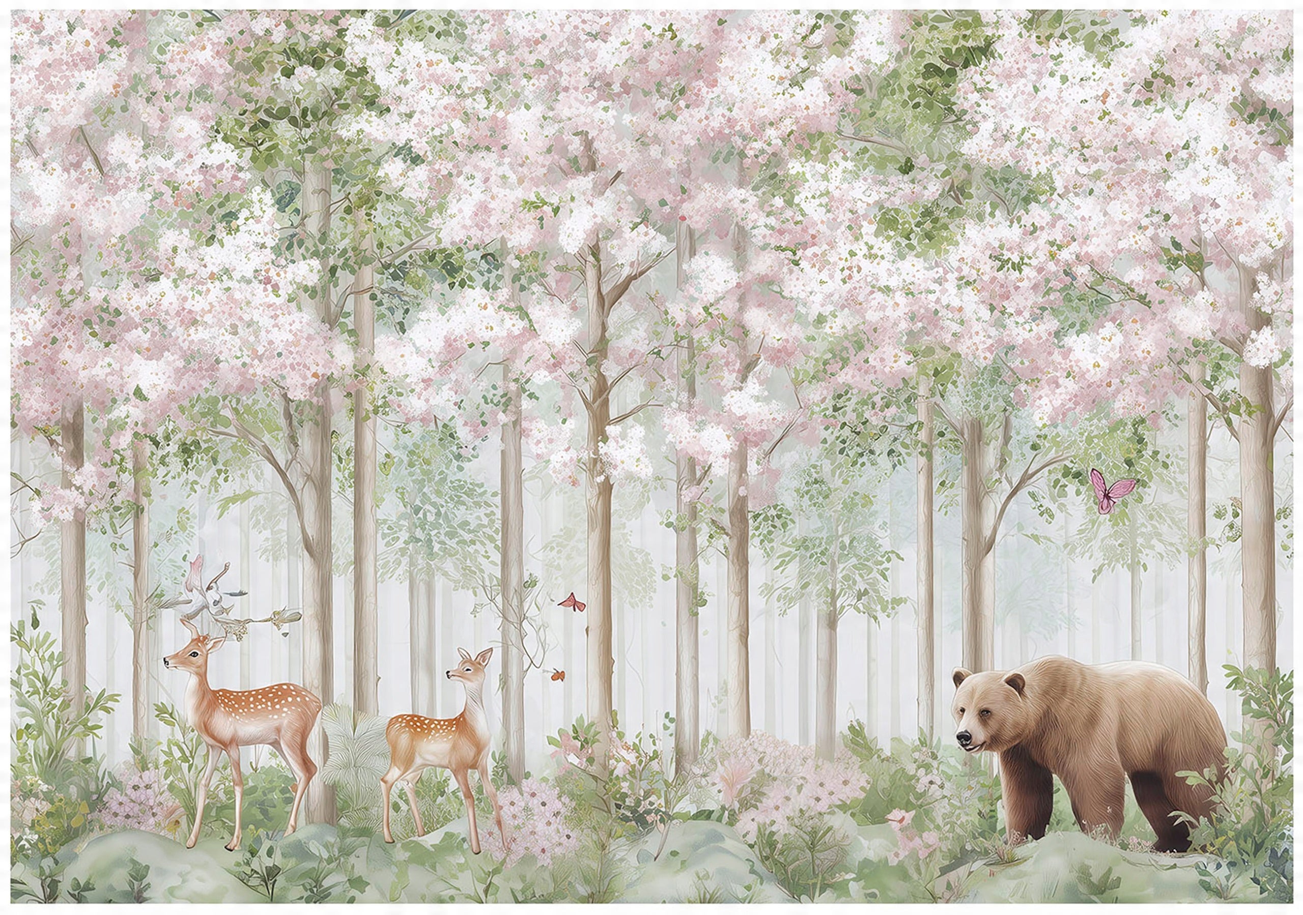Papier Peint Enfants Forêt Animaux Cerfs Panoramique Intissé Pour ...