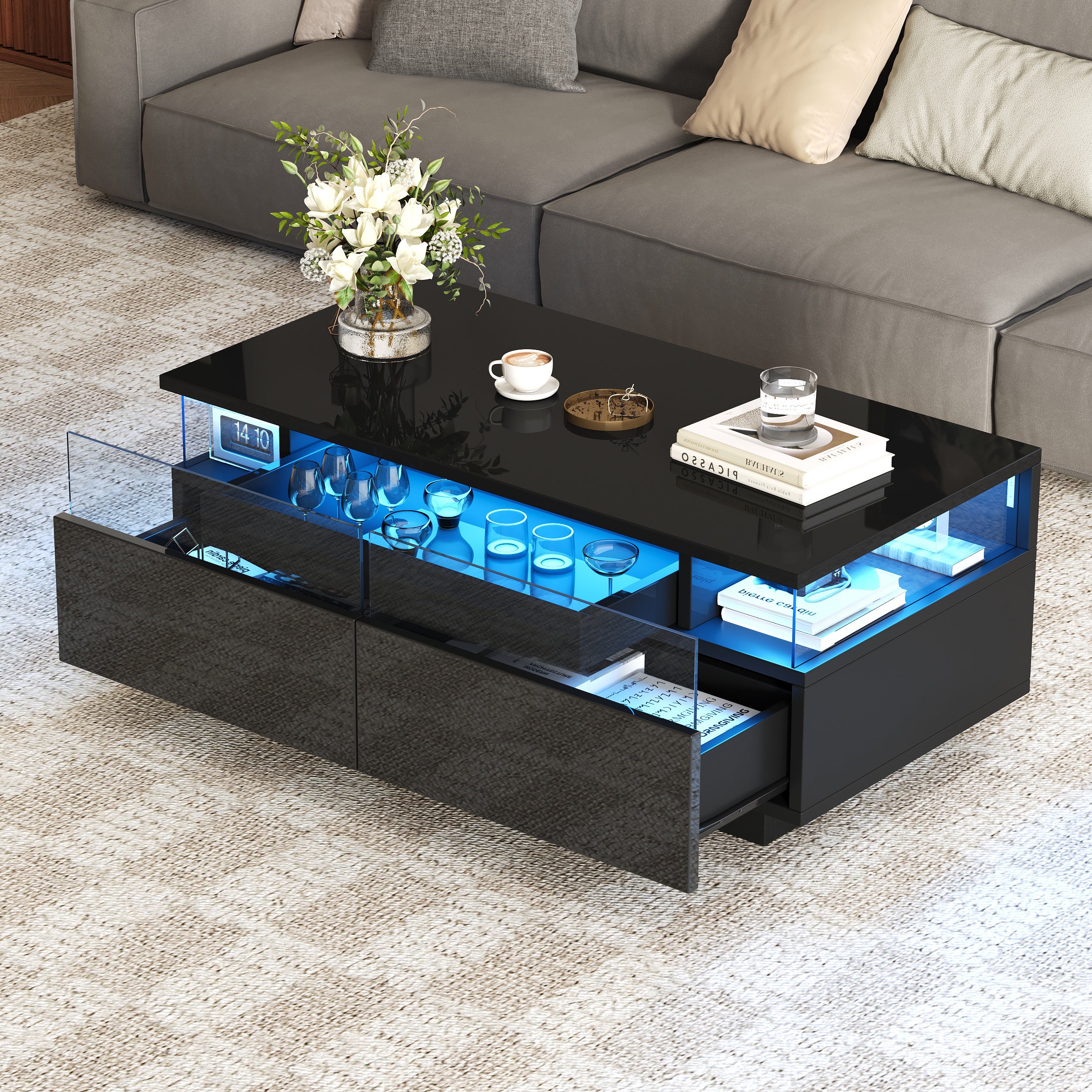 Table Basse, Table de Salon Avec Éclairage LED, 2 Tiroirs et Plateau ...