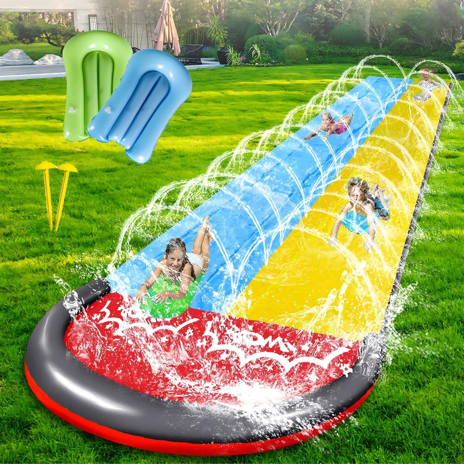 （480cm） Toboggan pour Pelouse Double Toboggan à Eau avec 2 Planches ...