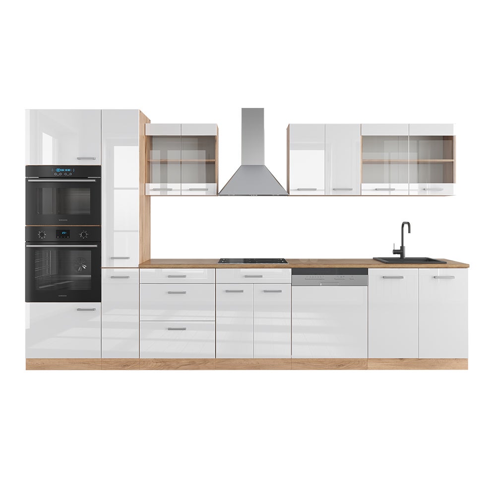 Vicco Kitchenette R-Line, Blanc brillant/Chêne doré, 350cm avec armoire ...