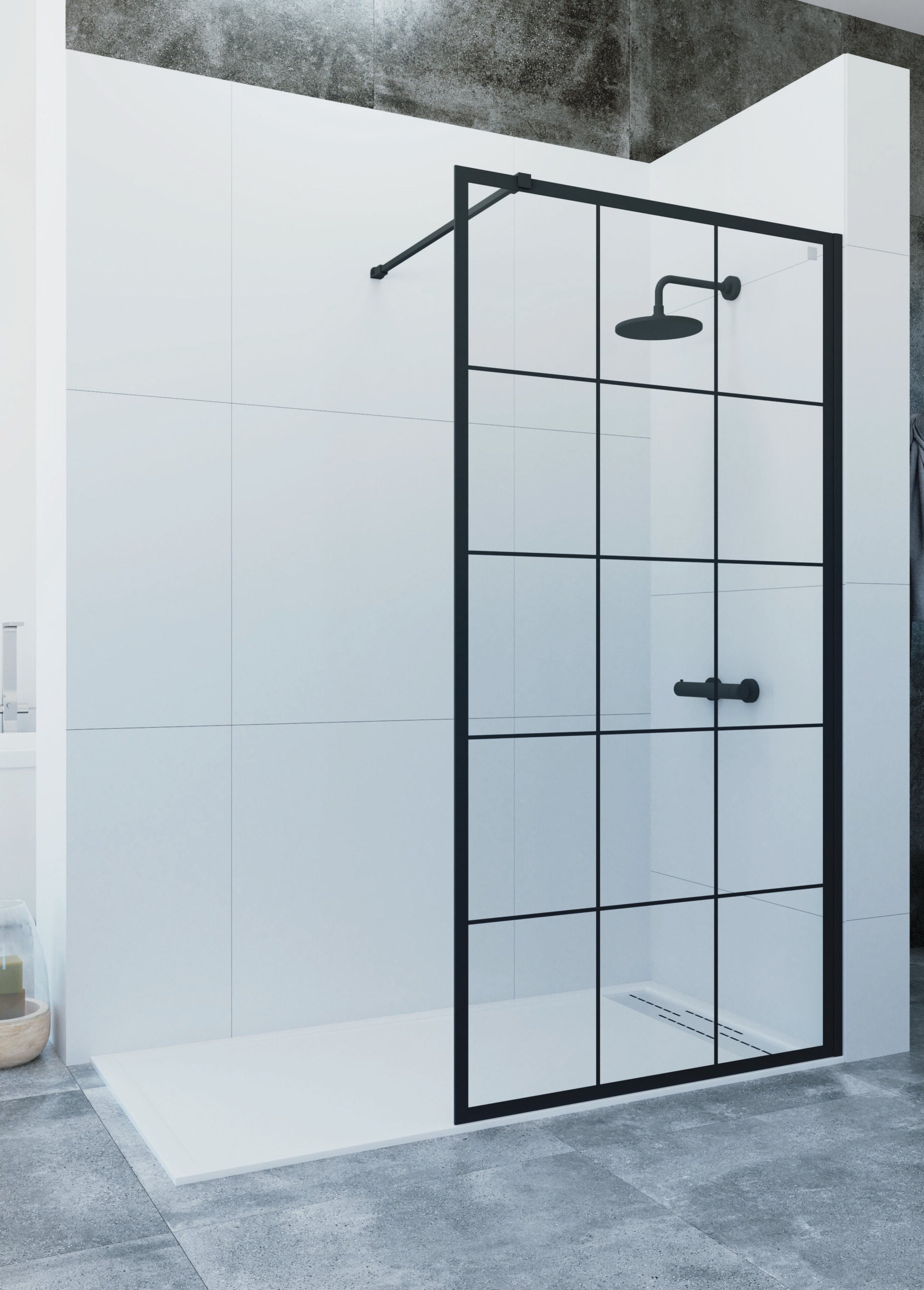 Mampara Frontal Fija. Sin Perfil. Cristal Vitrificado a cuadros Negro ...