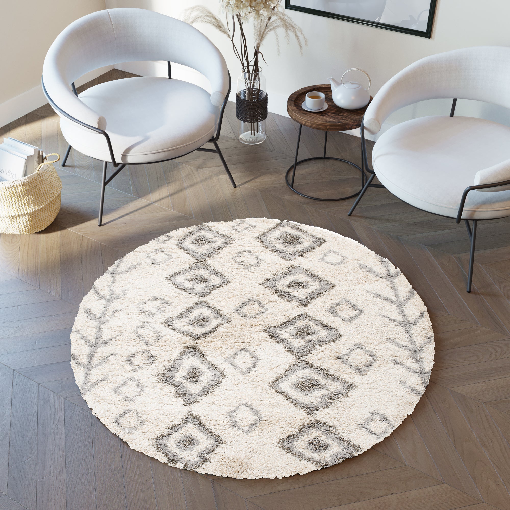 TAPISO Boho Tapis Salon Crème Gris Marron Ethnique Shaggy Doux 200x200 ...