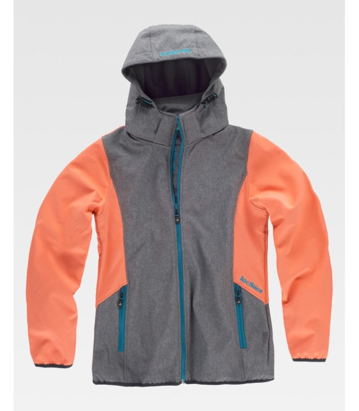 Softshell de mujer combinada tricolor. Capucha desmontable con elástico ...