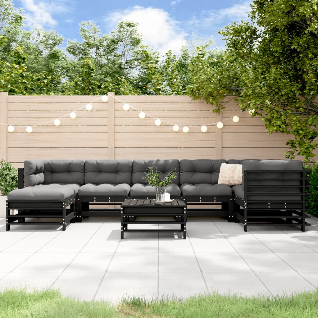 Salon de jardin 8 pcs avec coussins noir bois massif vidaXL | Leroy Merlin
