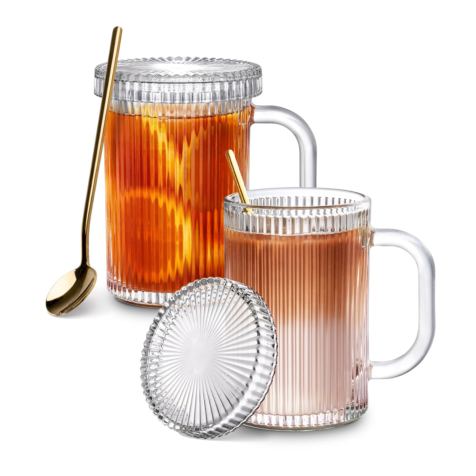 Tasses à café en verre transparente 385 ml lot de 2 avec couvercle et ...