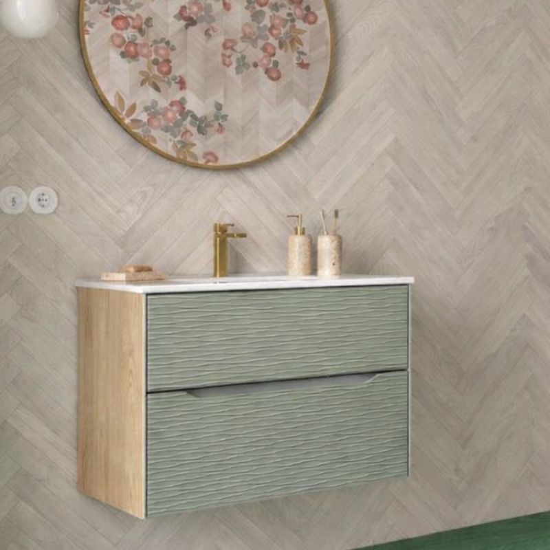 Meuble de salle de bain suspendu vert mat SAHARA 120 cm 2 tiroirs ...