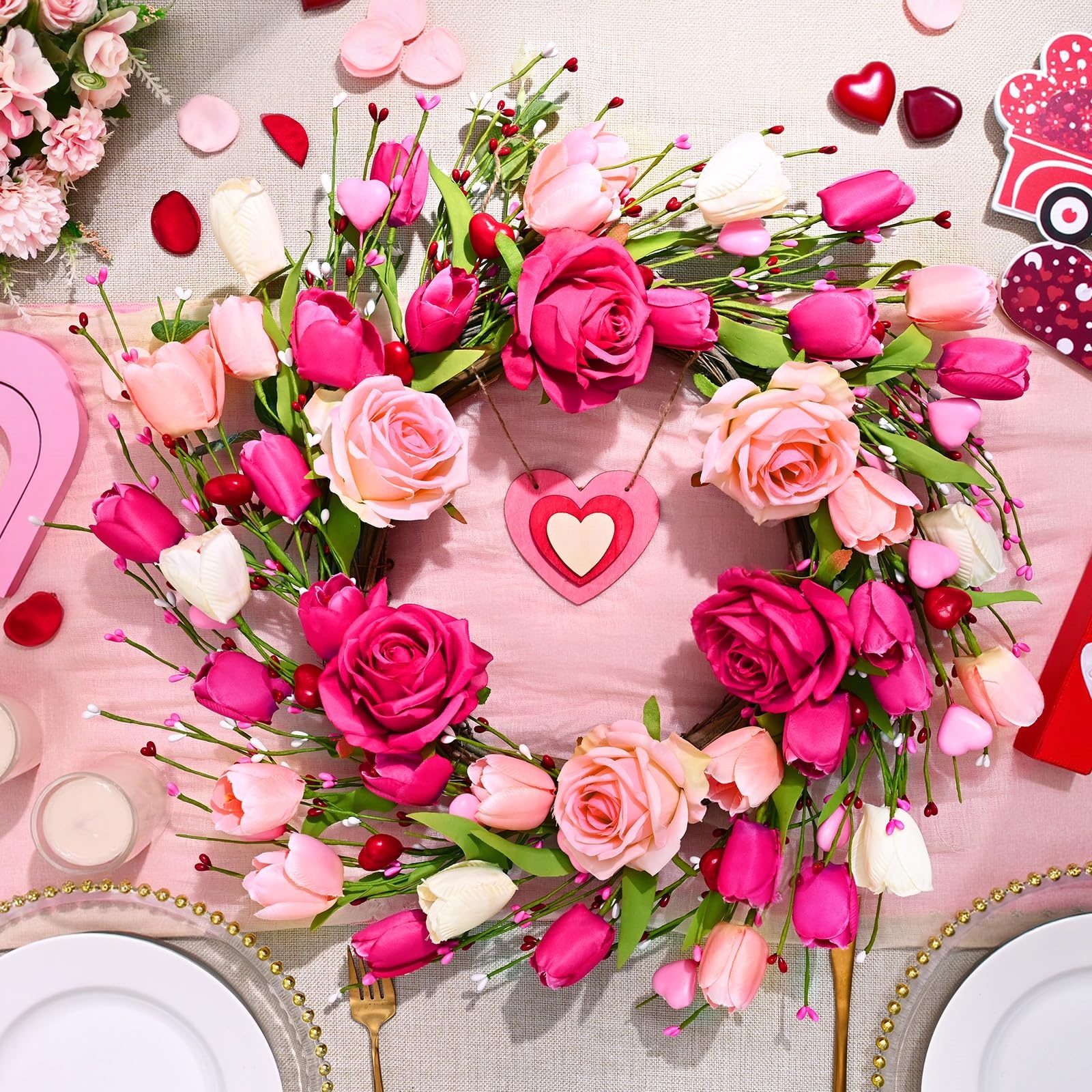 AULEDIO Corona de San Valentín, corona de tulipanes rosas para puerta ...