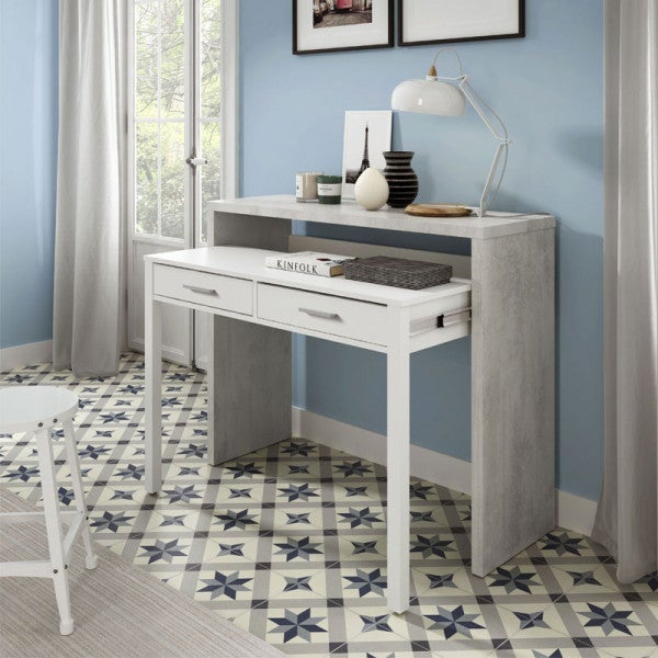 Console bureau extensible Blanc/Béton clair - NIAL - L 99 x l 36 x H 88 ...