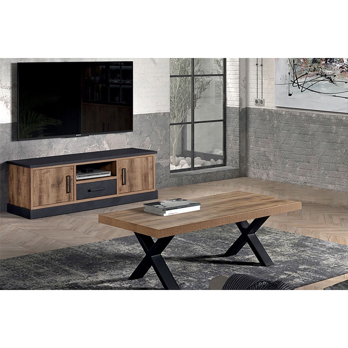 JENNA - Ensemble Table Basse + Meuble TV Aspect Bois et Métal | Leroy ...
