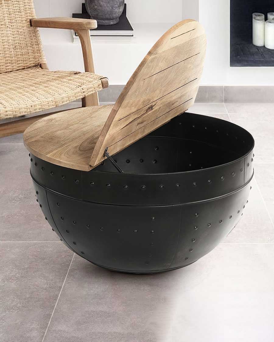 Lasco - Table basse coffre ronde en métal et bois | Leroy Merlin