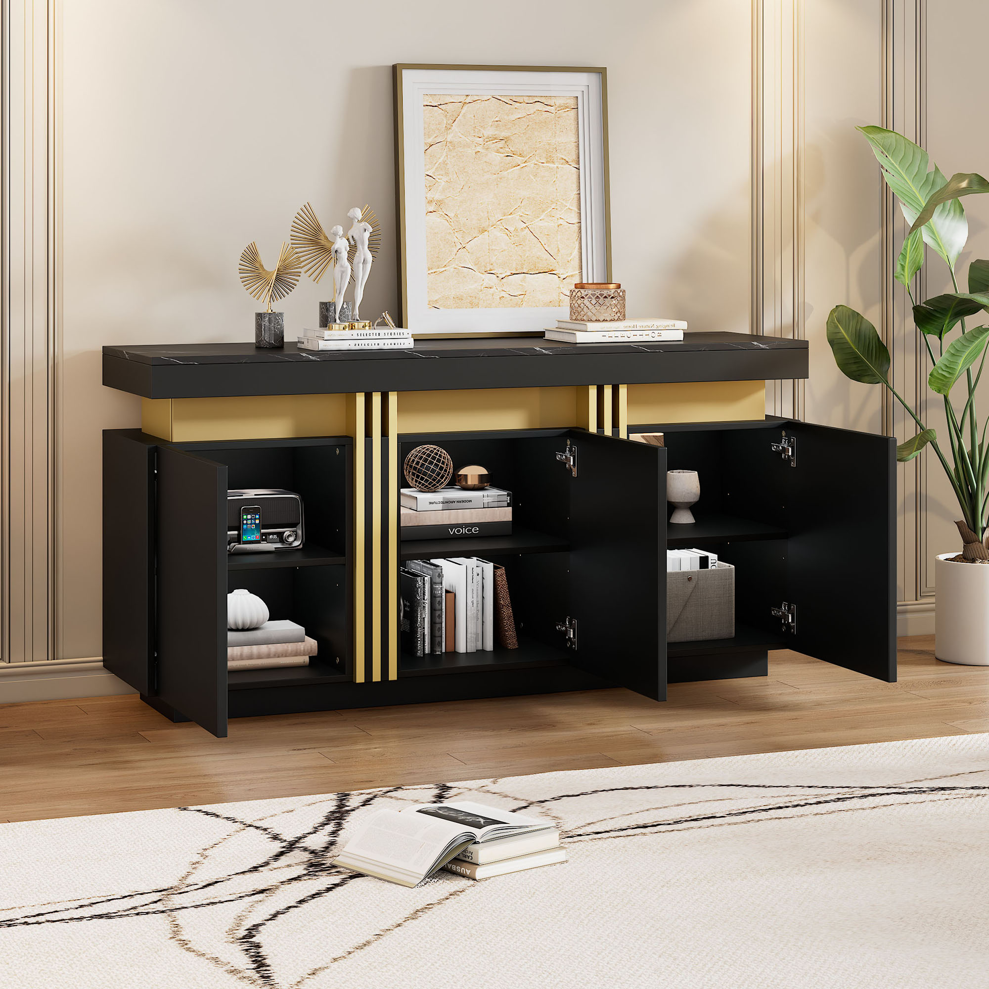Buffet moderne 140x38x70 cm noir et or, 3 portes, étagères ajustables ...