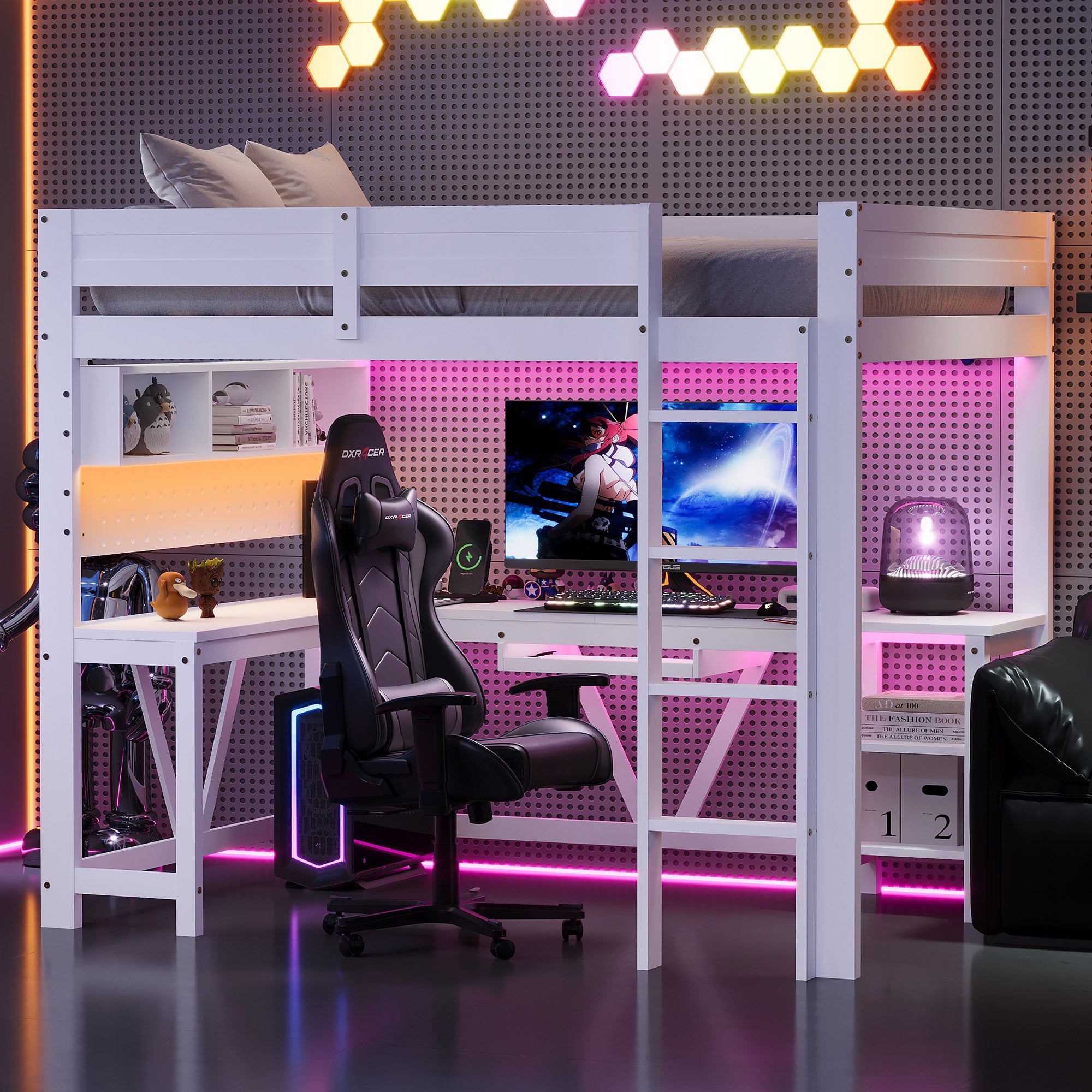 Lit mezzanine gamer 90x200 avec bureau et LED, Lit superposé Enfant ...