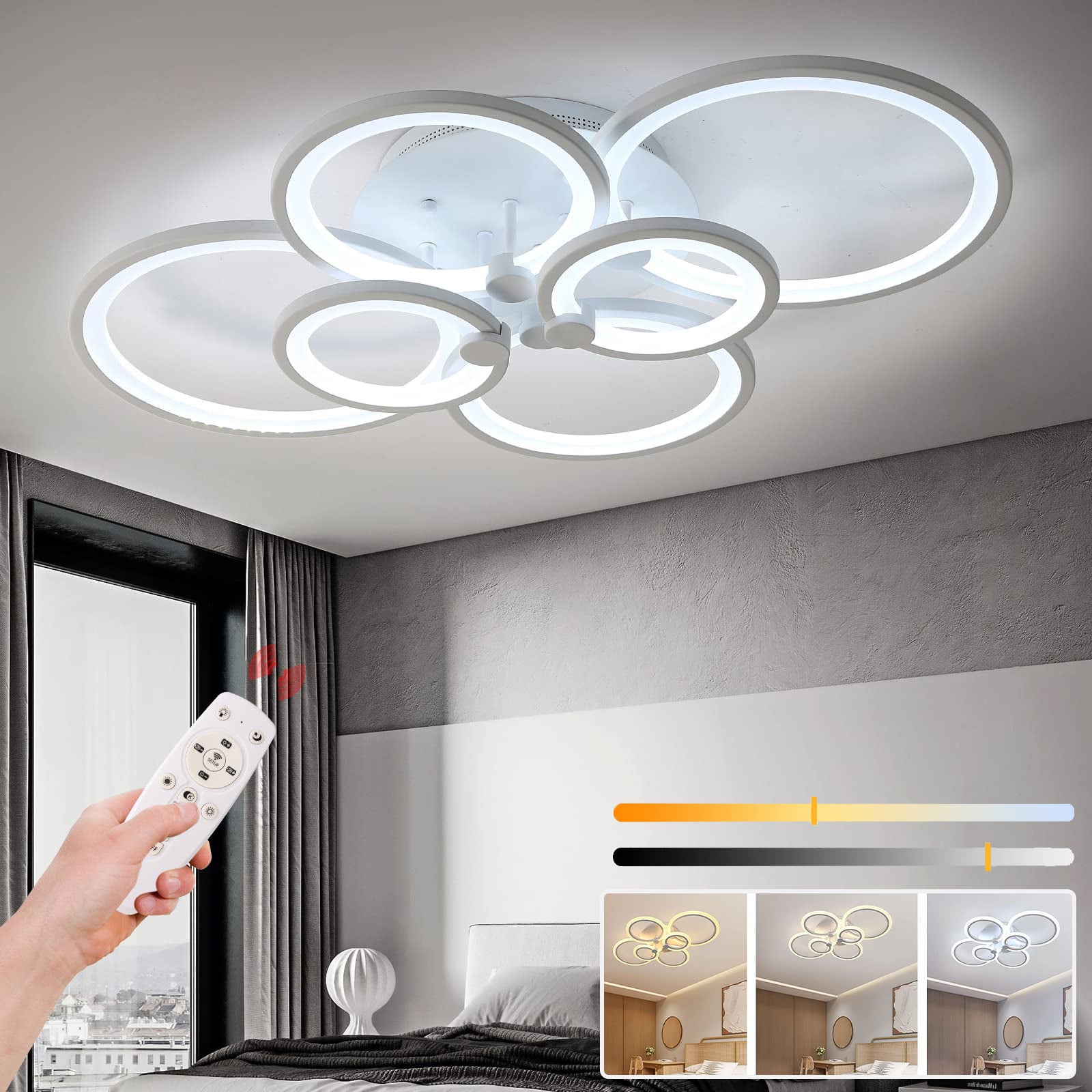 Nowoczesna lampa sufitowa 84 W z pilotem, 6 pierścieni świetlnych ...