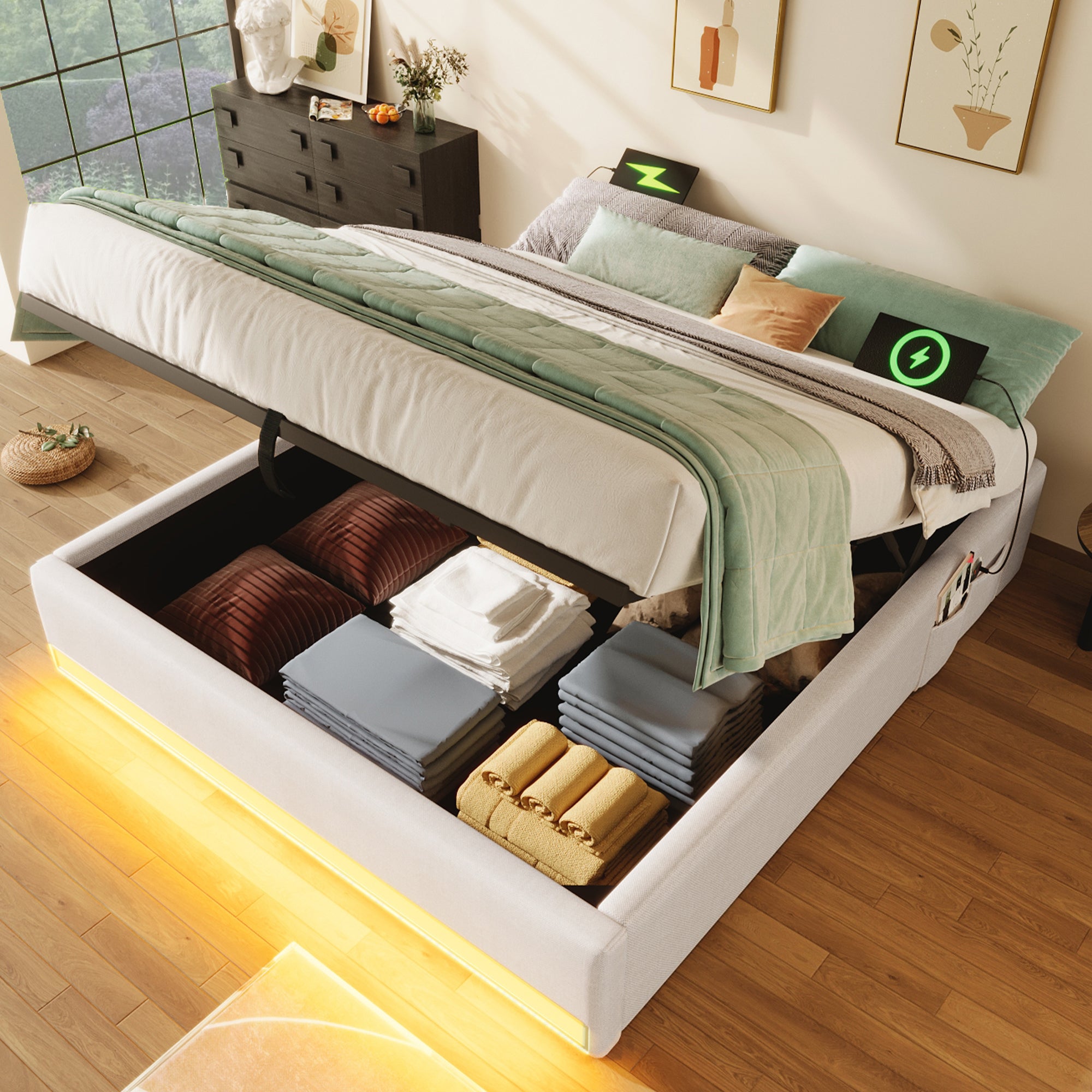 Lit coffre lit adulte140x200 cm lit double avec lumière LED, ports USB ...