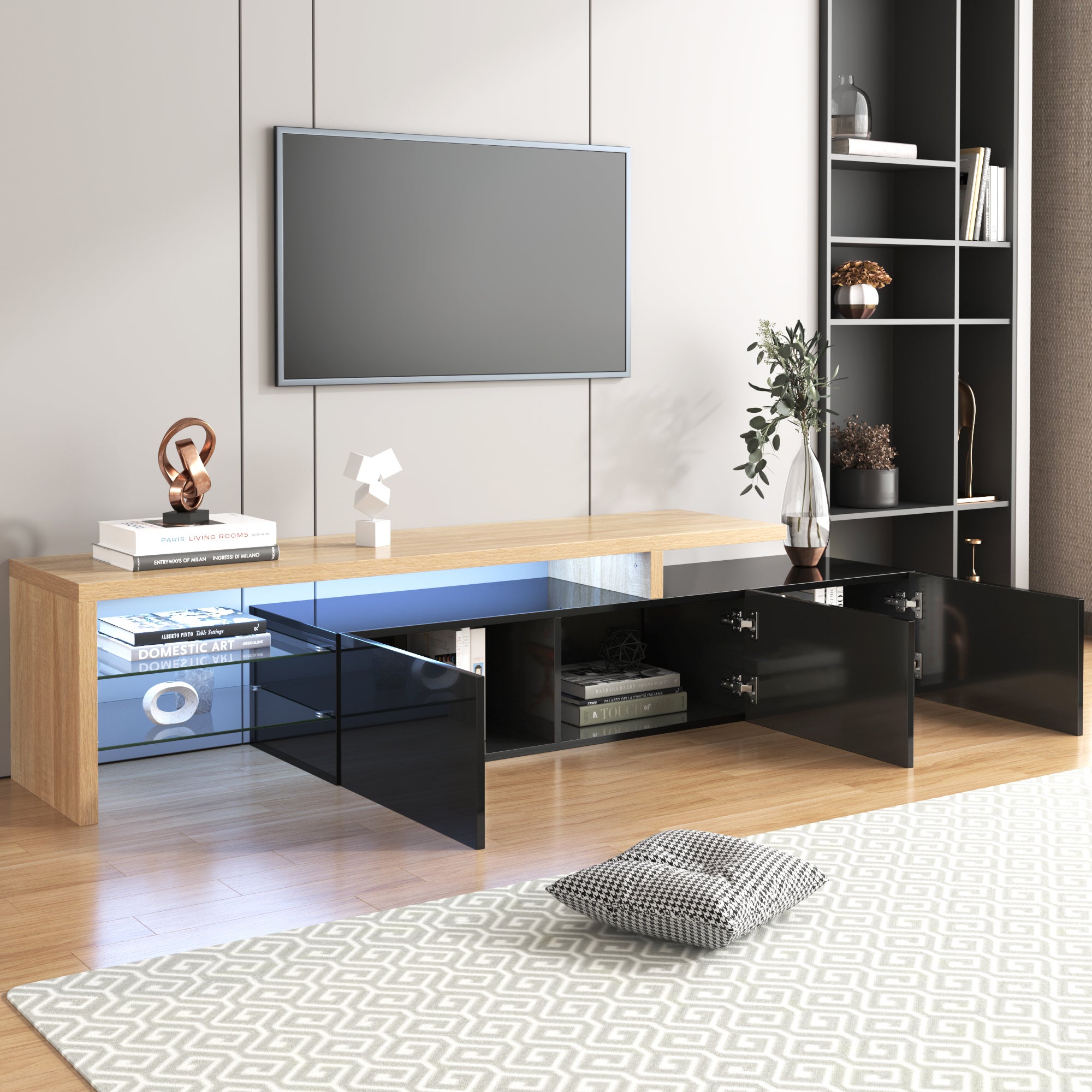 Meuble TV design 197 cm avec LED - Finitions noir laqué et bois ...