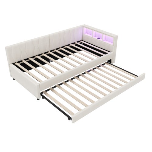 Lit banquette extensible en lin beige 90x200 cm avec LED multicolore ...