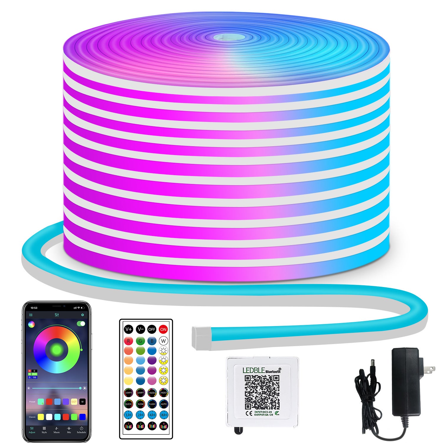 Bande LED néon RGB, 30 m - 2400 LED, 5 m IP65, kit néon RGB, Bluetooth ...