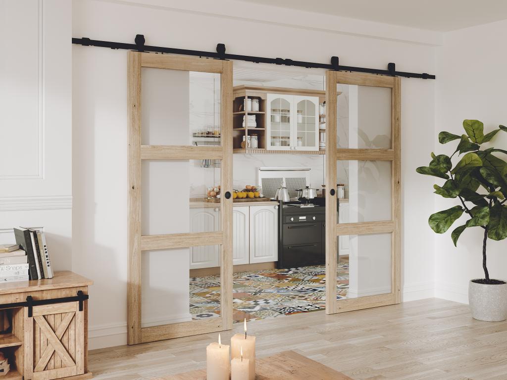 Porte coulissante double avec système en applique en bois et verre ...