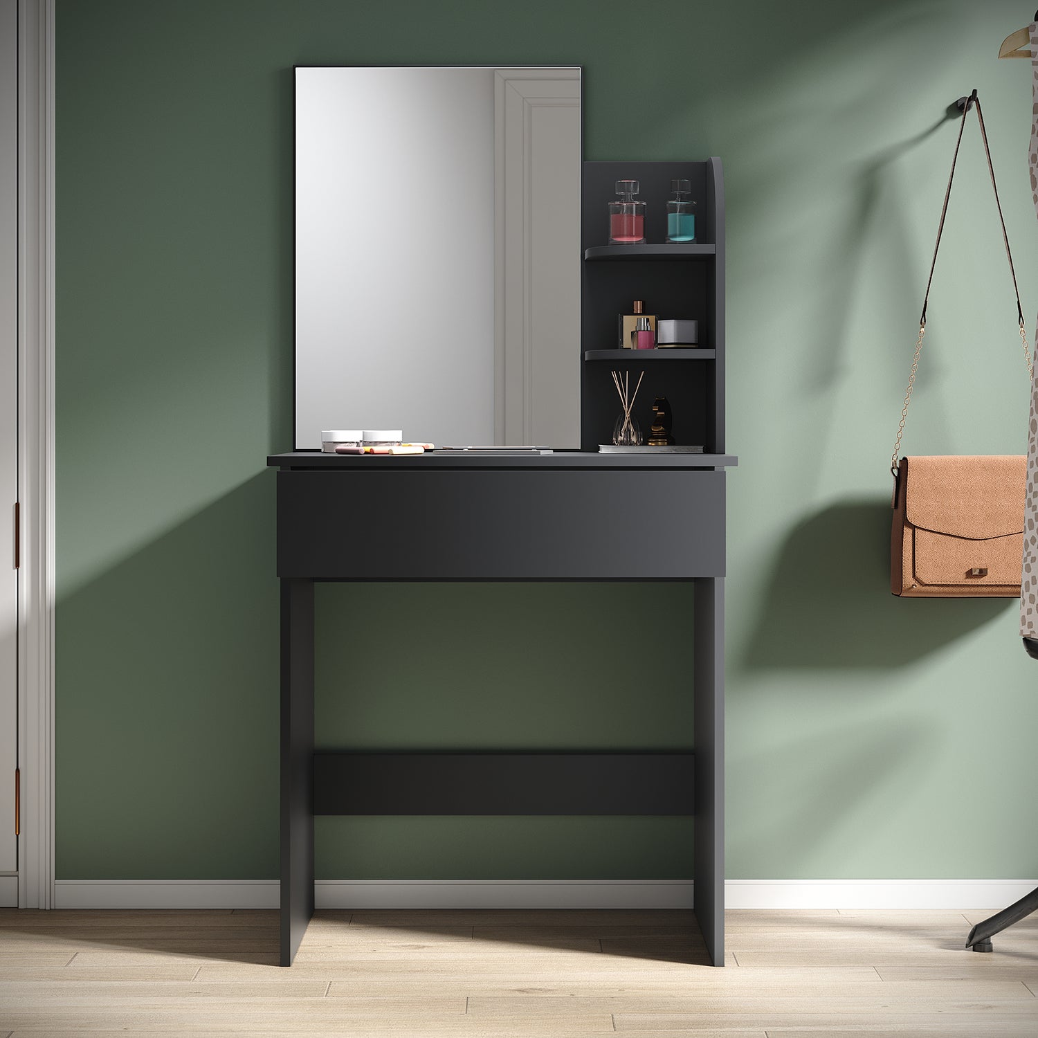 Coiffeuse Moderne Noire 70 x 40 x 140 cm SIRHONA - Miroir HD - Grands ...