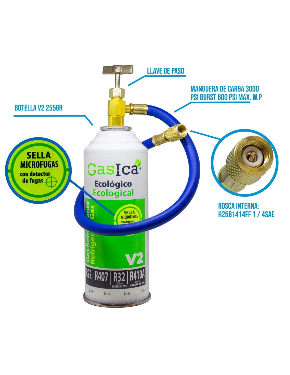 Gaz réfrigérant Gasica V2, substitut du R22, R407 et R410A avec tuyau ...