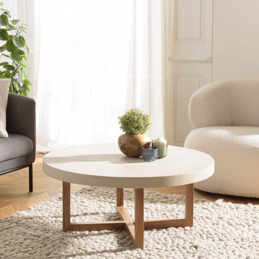 ERIS - Table basse ronde 92x92cm en béton beige pieds croisés en teck ...