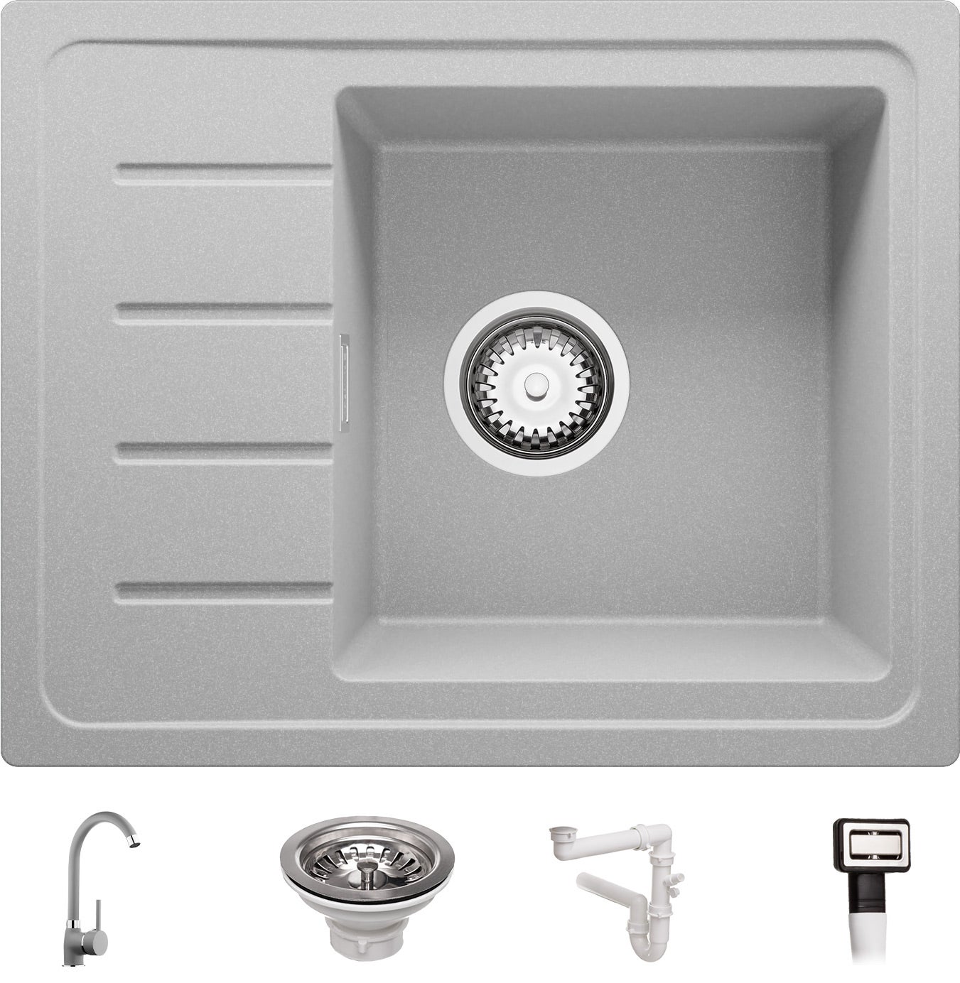 Evier Cuisine en Granit Gris 55x44cm, 1 bac + Kit de Vidage + Robinet ...