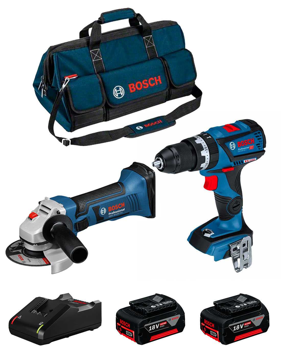 BOSCH Kit 18V BK2010BAG (GSB 18V-60 C + GWS 18-125 V-LI + 2 x 4,0 Ah ...