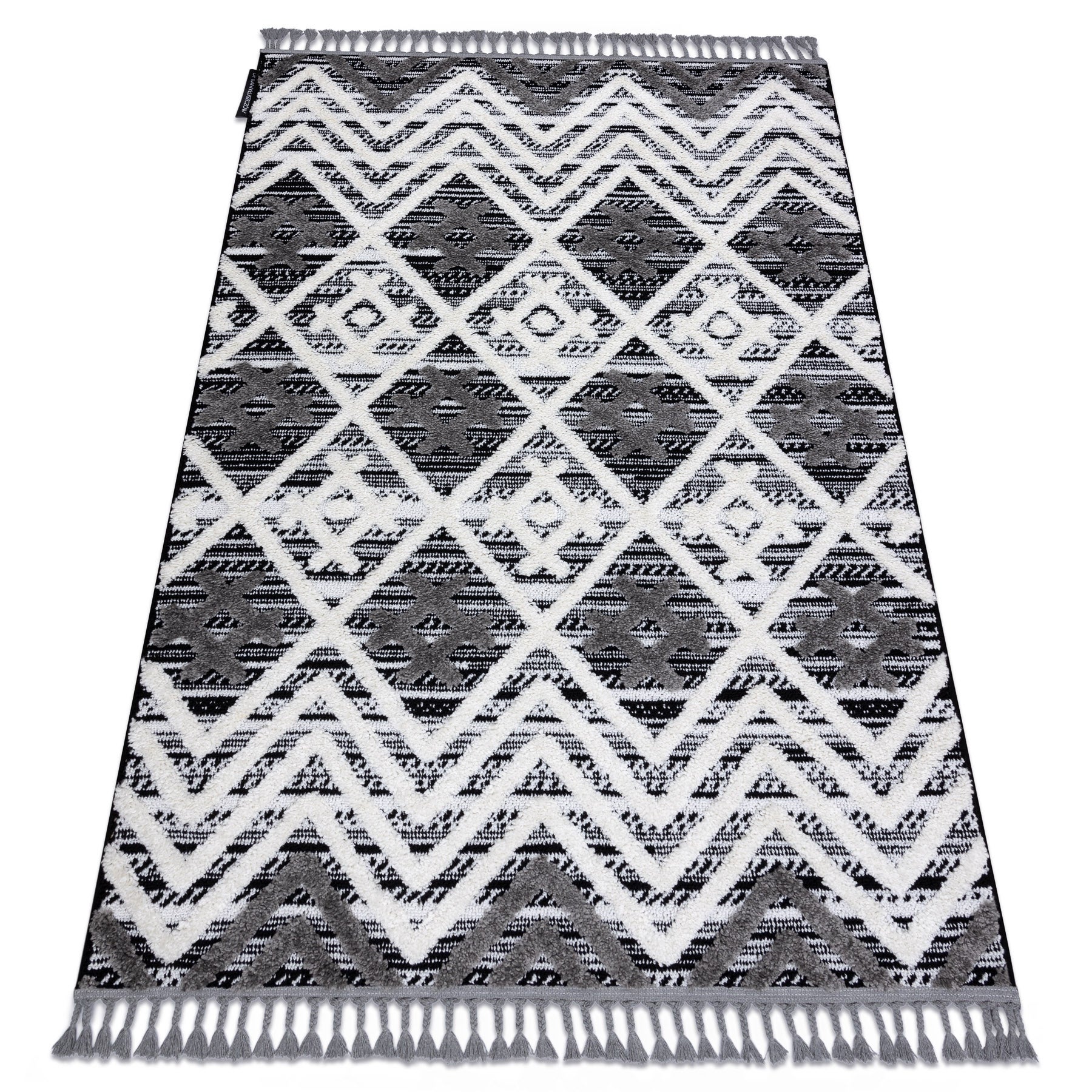 Tapis MAROC P642 Diamants, Zigzag gris / blanc Franges berbère marocain ...