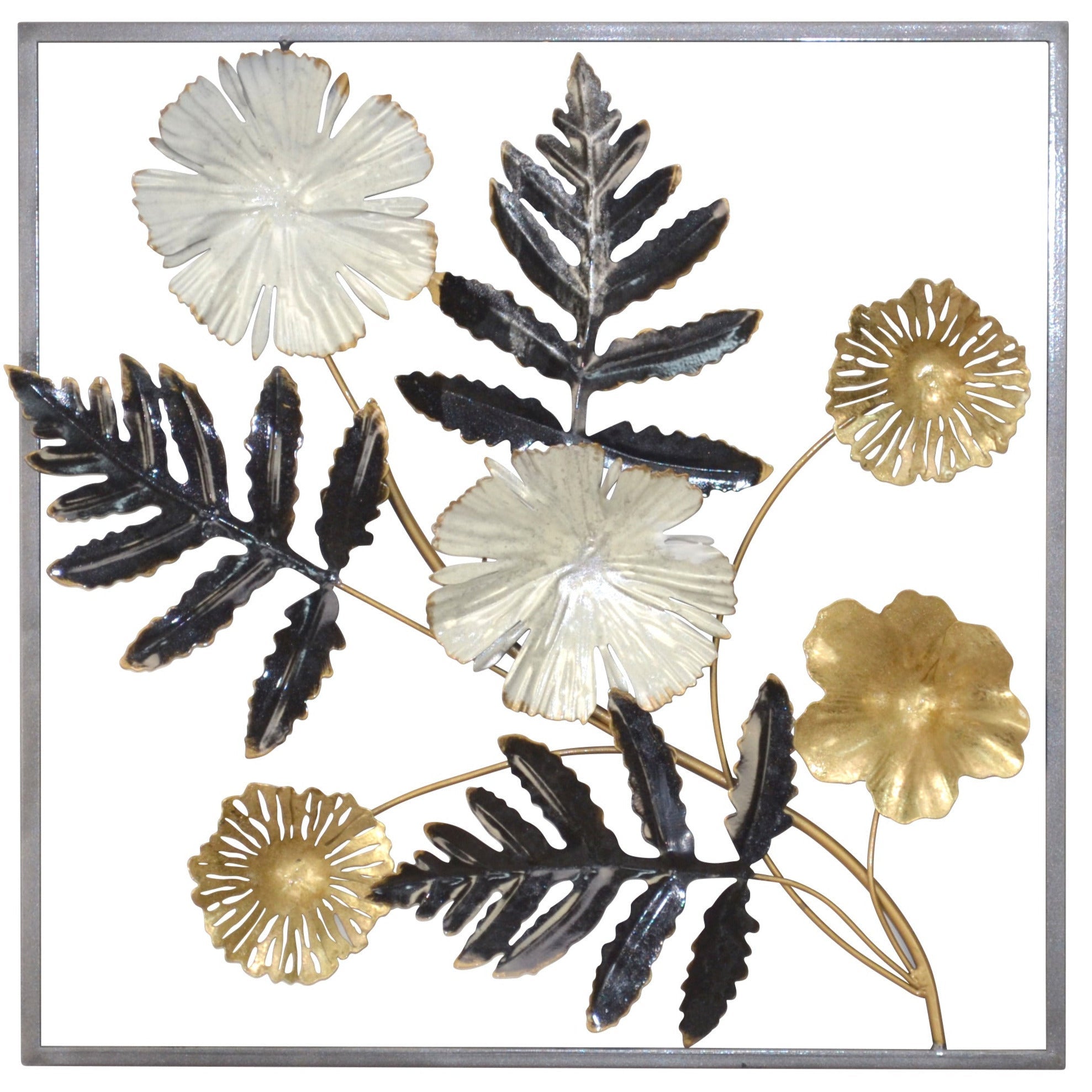 Décoration murale motif feuille & fleur en métal blanc noir et or ...