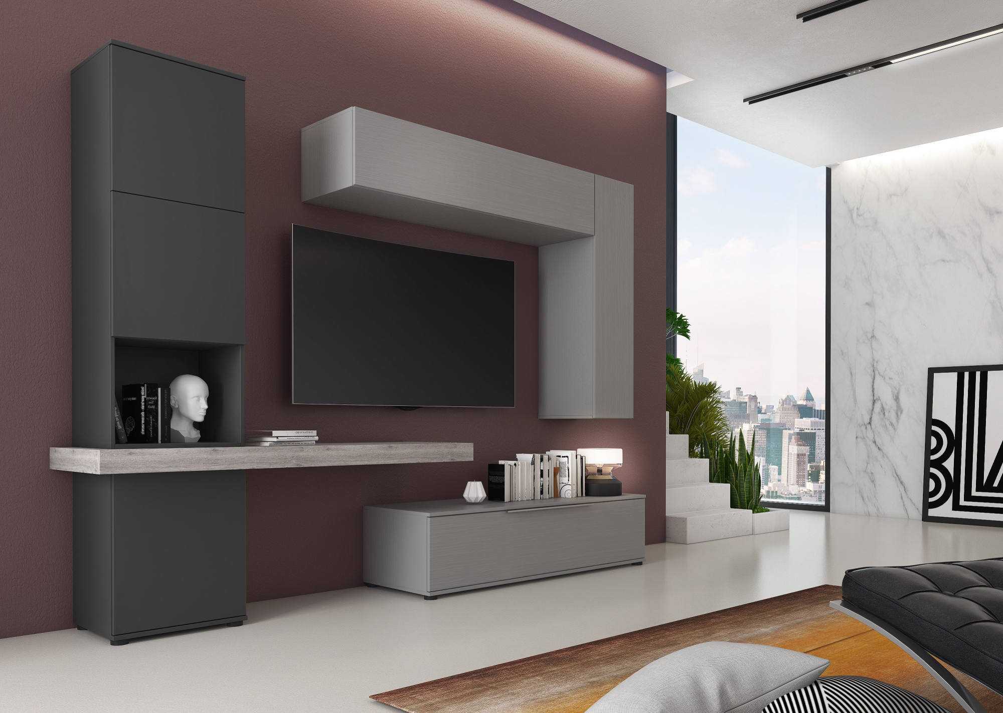 Sistema de pared para salón, Mueble TV con 2 muebles altos con baldas y ...