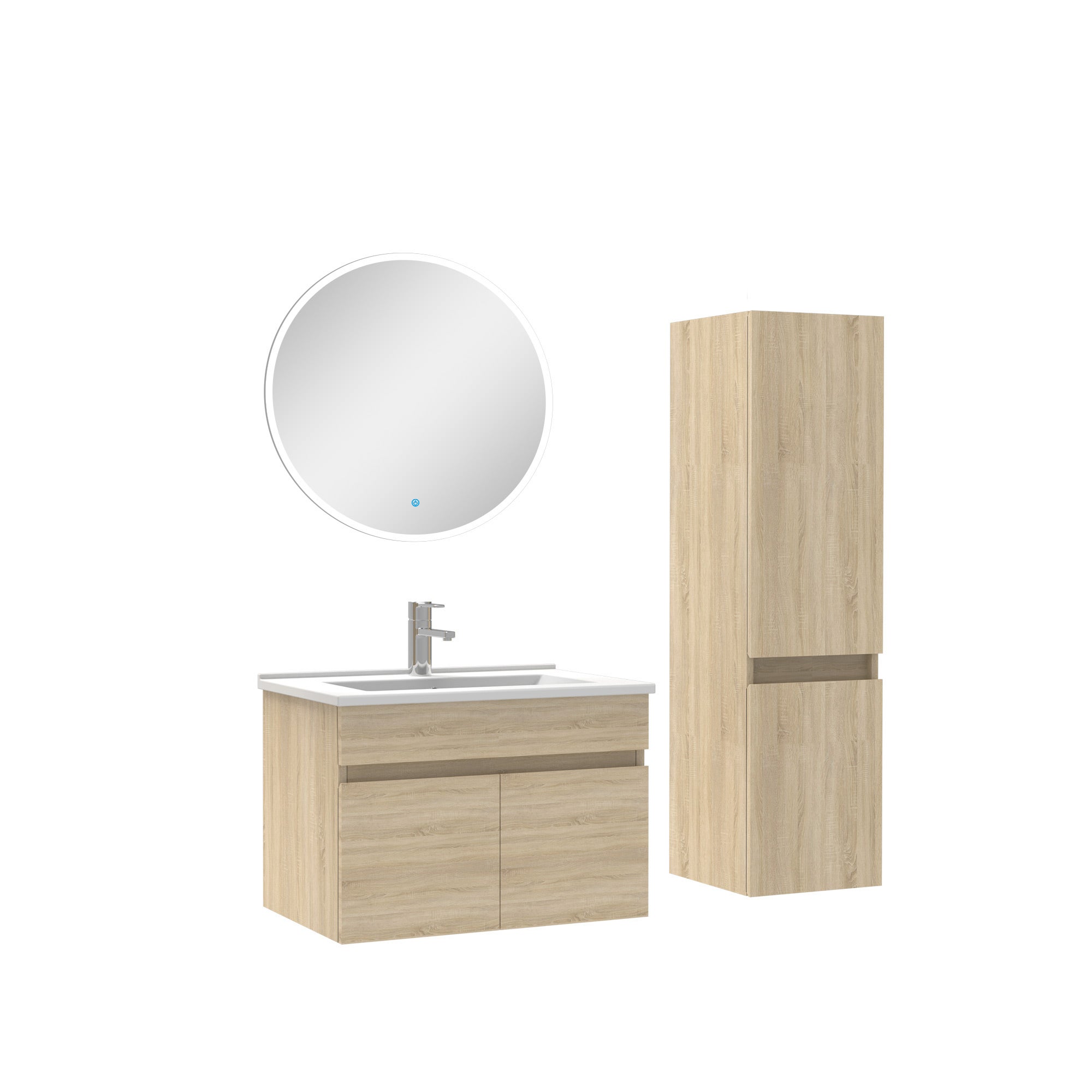 Ensemble Salle De Bain simple vasque avec colonne et miroir rond 60cm meuble Chêne Wotan, Ocean ...