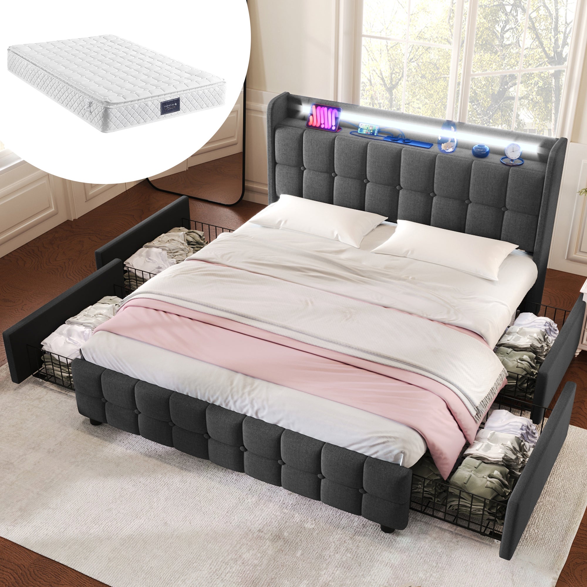 Lit Avec Rangement 160x200 cm , Lit Double avec 4 Tiroirs et Ports USB ...